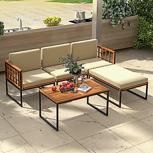 Tangkula 5 Piece Patio Furniture Set, Acacia Wood Sectional Set with Heavy-Duty Metal Frame, Comfy Seat & Back Cushions, Outdoor Wood Conversation Chair Set for Poolside, Porch, Backyard (Beige)