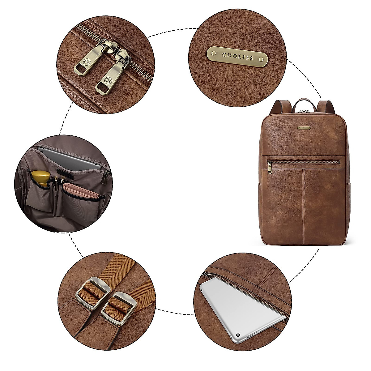 CHOLISS Laptop Backpack for Women&Men,15.6" Computer Backpack,Retro Vegan Leather Travel Work School College Bag Durable Daypack