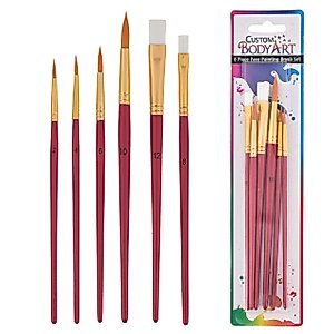Custom Body Art 6 Piece Nylon Hair Face Painting Brush Set - 4 Round Size 2-4-6-10, 2 Flat Size 8-12 alos Great for Watercolor and Acrylic Paints