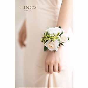 Ling's Moment 2pcs Homecoming Wrist Corsage Artificial Flowers, Girl/Mother Corsages Wristlet Décor for Prom/Wedding/Anniversary, etc. White Ivory
