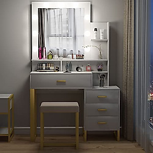 PAKASEPT Vanity Set with Lighted Mirror, Makeup Vanity Dressing Table with LED Light, Drawers, Storage Shelves and Cushioned Stool, Small Vanity Desk for Bedroomy,39.4"L x 15.7"W x 63"H