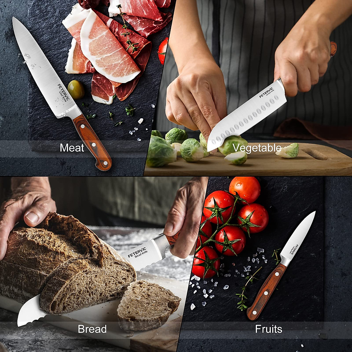 FETERVIC Knife Set -16 PCS High Carbon Kitchen Knife Sets Wooden Block with Chef Knife, 6 Pieces Steak Knives, Bread Knife, Sharpener Rod and Kitchen Scissors - Best Gift