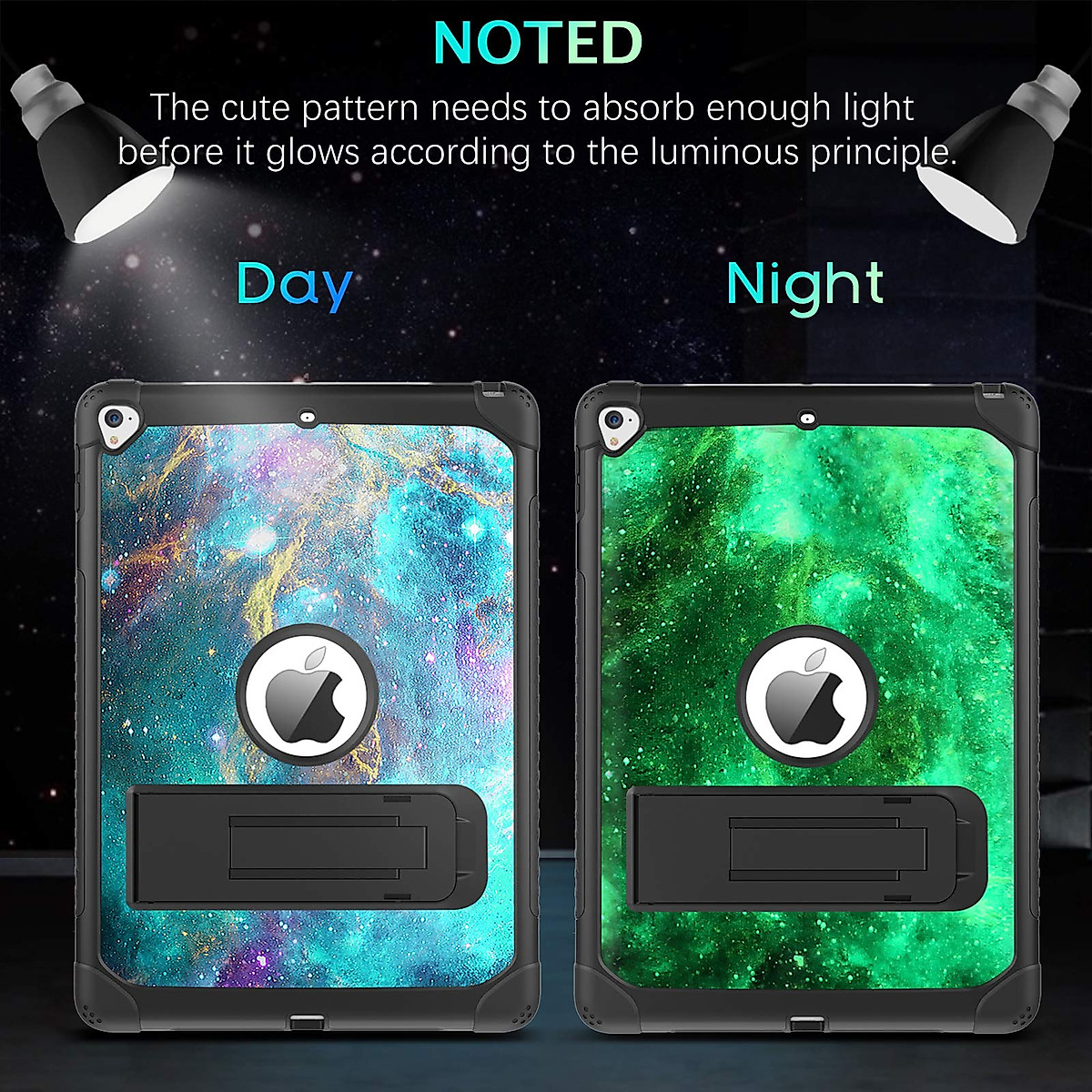 BENTOBEN Glow in The Dark Tablet Cover - 3 in 1 Shockproof Kickstand Protective Case for iPad Air 2, 6th/5th Gen, 9.7" 2018/2017, iPad Pro 9.7 - Nebula