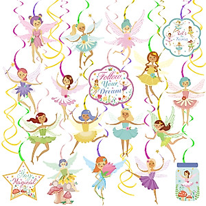 22Pcs Flower Fairy Birthday Decorations Garden Fairy Hanging Swirls Happy Birthday Banner Magical Fairy Cake Topper for Girls Birthday Party Baby Shower Decor