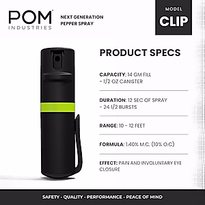 POM Pepper Spray Combo Pack Clip & Keychain - Maximum Strength OC Spray Self Defense- Tactical Compact & Safe Design - 25 Bursts & 10 ft Range - Stream Spray Pattern Black and Lime