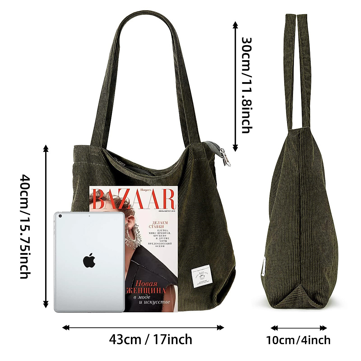 KALIDI Large Totes Bag Women Corduroy Shoulders Handbag Lightweight Shopping Purse with Zipper Pockets, Green