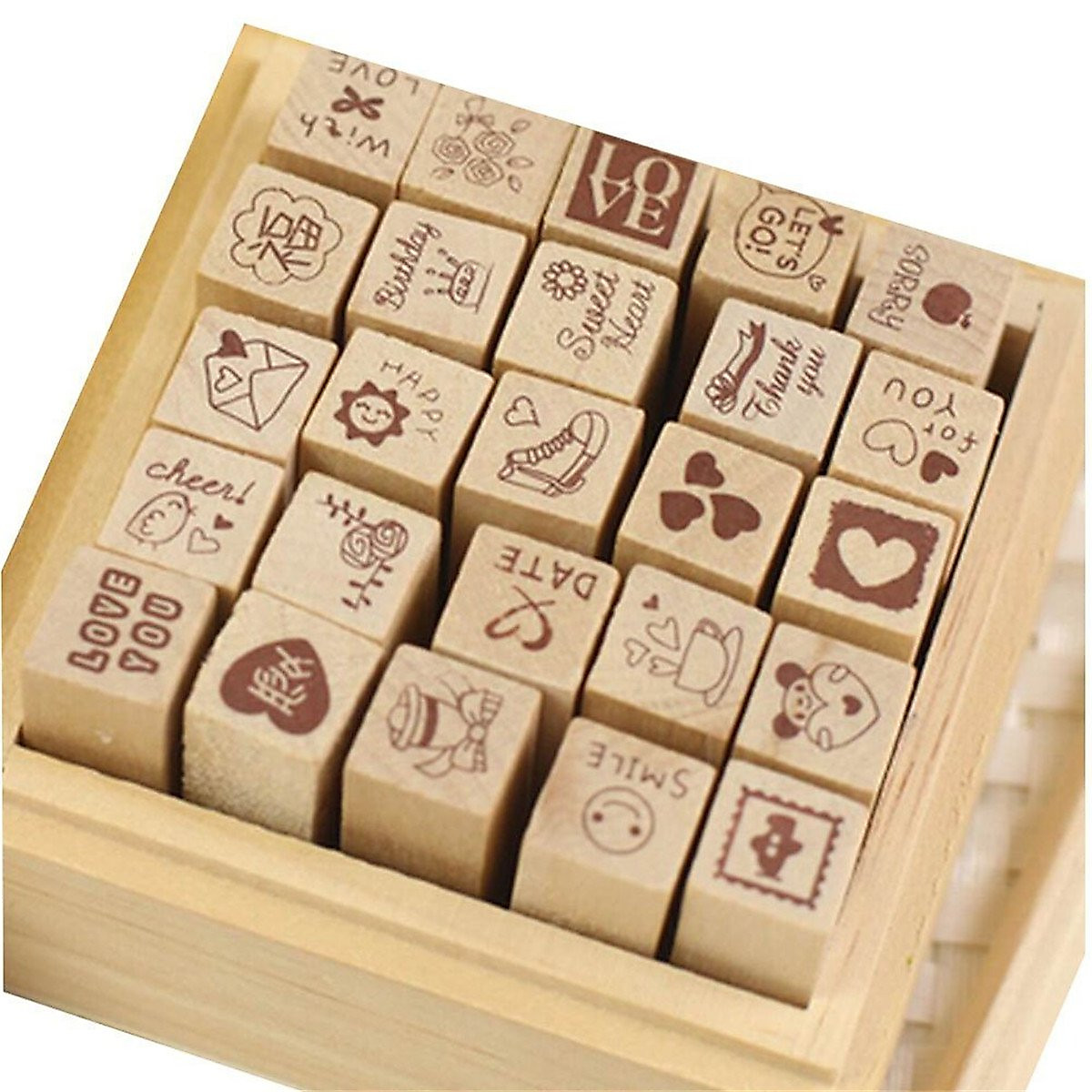Pack of 25 Pcs Small Heart Shape Wooden Rubber Stamps with Box for DIY Craft Card and Photo Album (Red)
