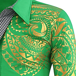 Men's Print Button Down Dress Shirt Shiny Golden Printed Long Sleeves Shirts Casual Slim Floral Nightclub Costume (Green,XX-Large)