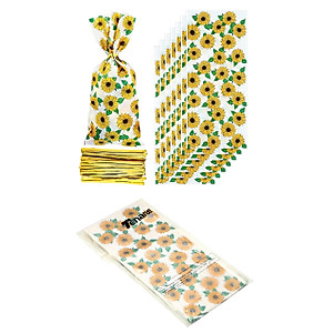 100 Pieces Sunflower Cellophane Bags Sunflower Party Reception Bags Sunflower Party Treat Candy Bags Sunflower Plastic Goodie Storage Bags with 150 Pieces Gold Twist Ties for Party Favors