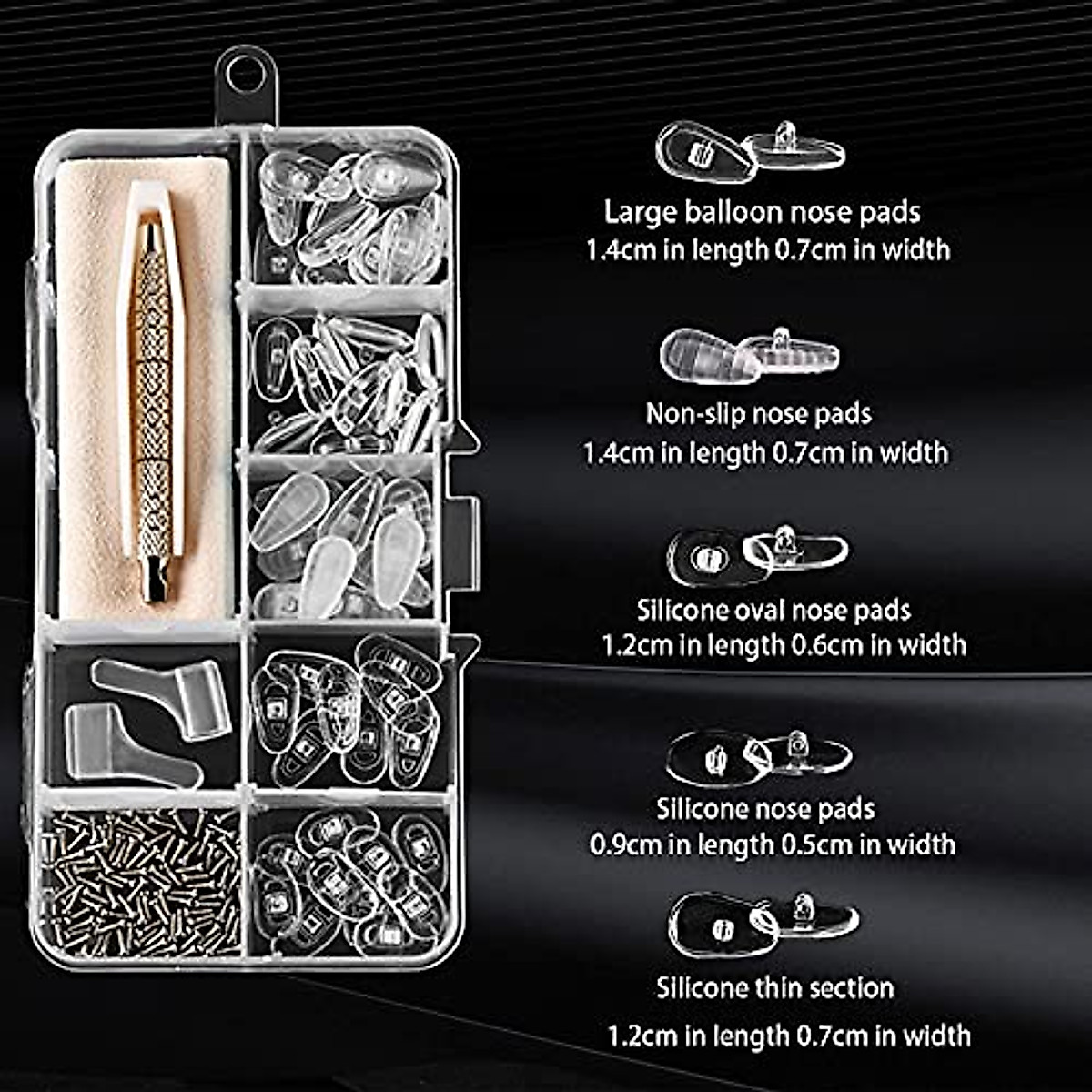 74 pcs Eyeglass Nose Pad Repair Kit, BOSOIRSOU 30 Pairs Air Chamber Soft Silicone Nose Pads, with 40 pcs Micro Screws, Screwdriver, Ear Grip, Tweezer, Cleaning Cloth