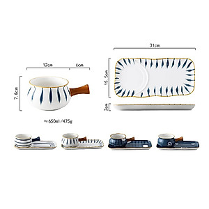 Jusalpha Individualized Creative Breakfast Bowl Set with Handle, Ceramic Cutlery Dinnerware Tableware Set Breakfast Plate Oatmeal Bowl Mug, Soup Bowl -Breakfast for One 01 (Strip Pattern)