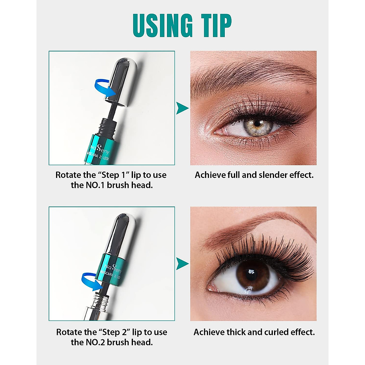 NaSeny 2in1 Vibely Mascara Lash Cosmetics Waterproof Black Volume And Length Thickening And Lengthening Dual Effect 5X Longer Mascara Smudge-Proof Non Clumping