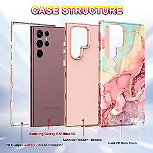 Btscase Case for Samsung Galaxy S22 Ultra 5G , Marble Pattern 3 in 1 Heavy Duty Shockproof Full Body Rugged Hard PC+Soft Silicone Drop Protective Women Girl Covers , Rose Gold
