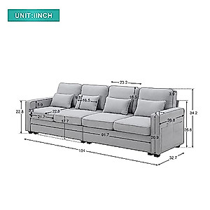 GLORHOME Modern Linen Fabric Sofa with Armrest Pockets and 4 Pillows-Minimalist Style 4-Seater Couch for Living Room, Apartment, Office-104, Light Grey