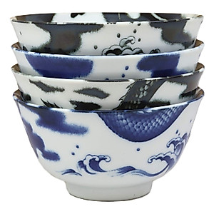 Ebros Gift Blue And Black Japanese And Chinese Longwei Dragons Ceramic Bowls Pack Of 4 Made In Japan Kitchen Dining Asian Cuisine Restaurant Supply Grade Microwave Dishwasher Safe 14oz Soup Salad Bowl