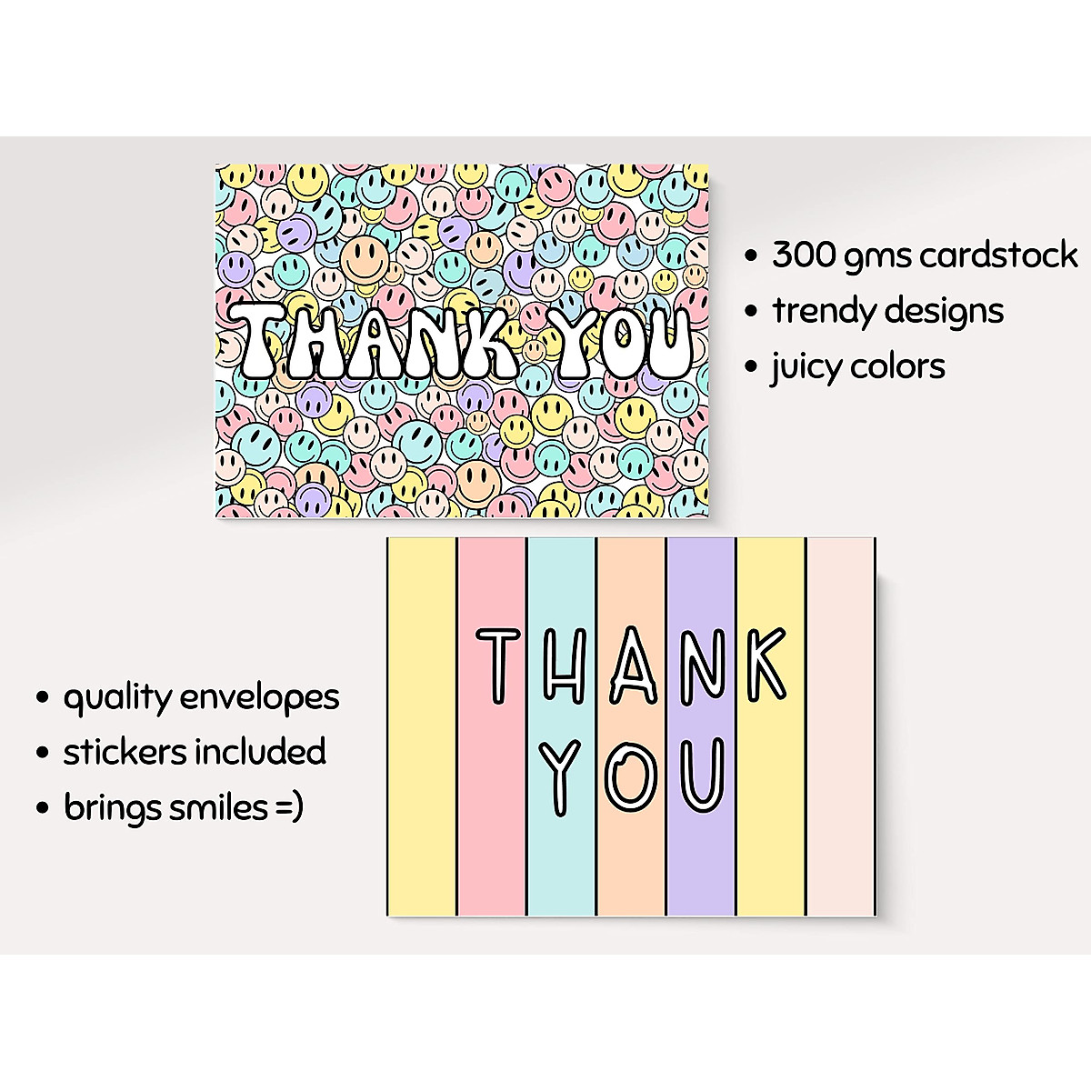 20 Pcs Cute Thank You Cards With Envelopes For Kids, Teens And Adults Colorful Tank You Notes Cards Blank Inside For All Occasions, Girls Birthday, Baby Shower, Party, Small Business, Sweet 16, With Stickers and Envelopes, 4.25x5.5