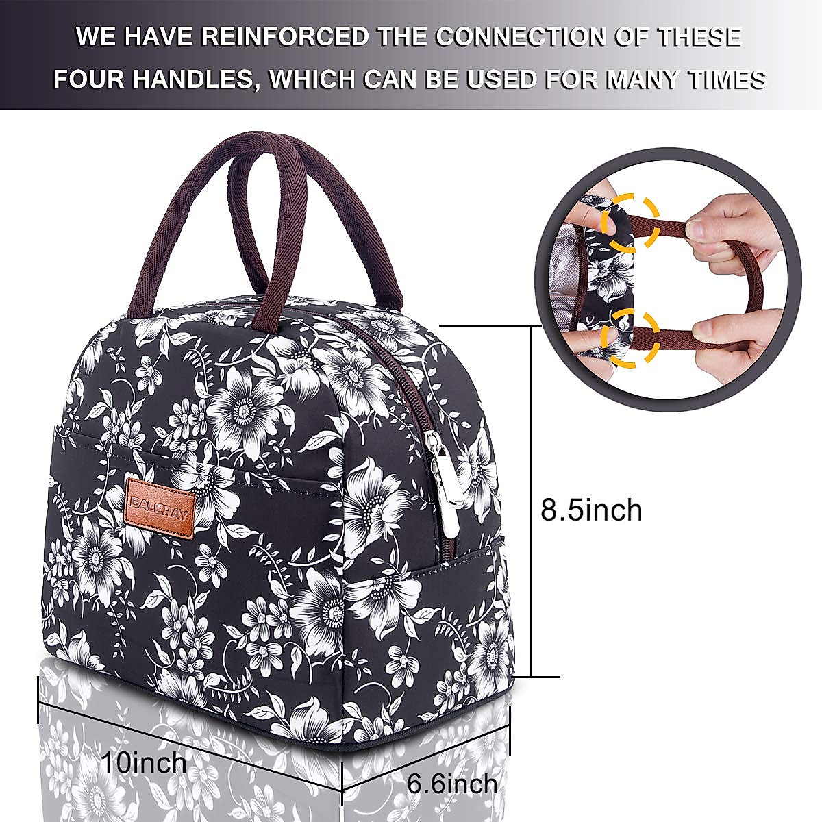 BALORAY Lunch Bag for Women Men Insulated Lunch Box for Adult Reusable Lunch Tote Bag for Work, Picnic or Travel (White Flower)