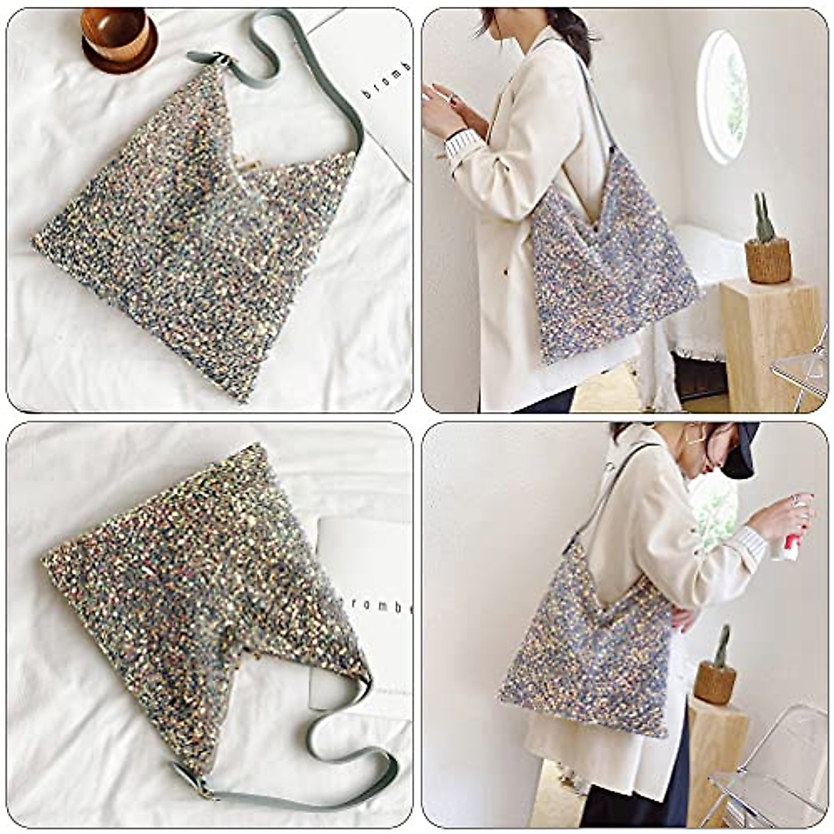 VALICLUD Womens Sequins Tote Bag Sparkling Shoulder Bag Handbag Portable Shopping Bag