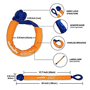 GAINAWIN Power Stretch Recovery Rope Kit (7/8'' x 30'' Tow Rope+2 Soft Shackles) Heavy-Duty Vehicle Recovery Rope for ATV UTV SUV Truck