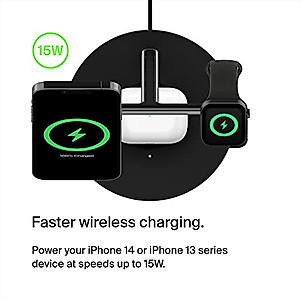 Belkin MagSafe 3-in-1 Wireless Charging Stand - 2ND GEN w/ 33% Faster Wireless Charging for Apple Watch - iPhone 14, 13 & 12 series & AirPods - MagSafe Charging Station For Multiple Devices - Black