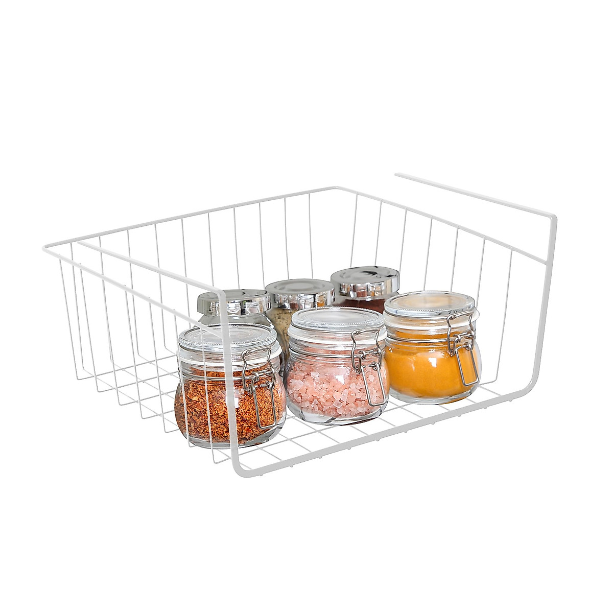 Smart Design Undershelf Storage Basket - Small - Snug Fit Arms - Steel Metal Wire - Rust Resistant Finish - Cabinet, Pantry, Shelf Organization - Kitchen (12 x 5.5 Inch) [White]
