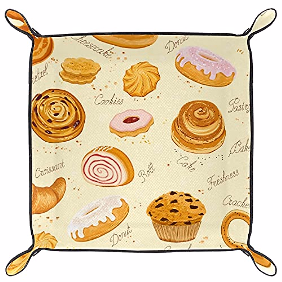 Leather Valet Tray, Dice Tray Folding Square Holder, Dresser Organizer Plate for Change Coin Key, Cartoon Cake Donut Bread