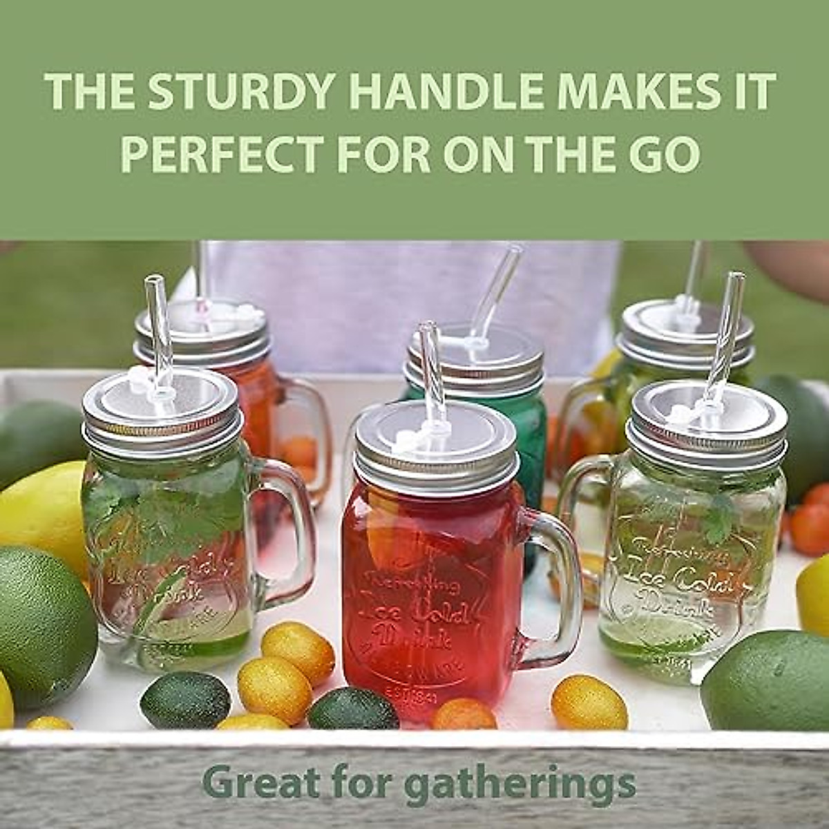 Pinkrella Mason Drinking Jars, 16 oz Glass Mugs Set of 6 with Handles, Airtight & Straw Lids, Glass Straws, Cleaning Brushes