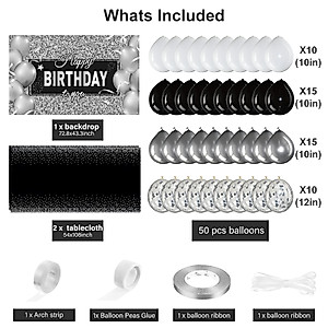 Birthday Party Decorations Confetti Balloons Kit Happy Birthday Photography Backdrop Banner Tablecloths for Boys Girls Men Women Birthday Party Supplies Decor (Black and Silver)