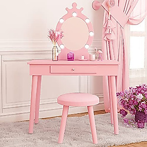 Vabches Kids Vanity Set with Mirror and Stool, Children Makeup Dressing Table with Lights, Princess Vanity Table for Toddlers, Pink