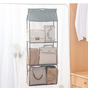 HAN SHENG 2 Pcs Mesh Handbag Storage Organizer Bag Breathable Hanging Handbag Purse Organizer Collection Storage Holder Transparent Purse Protector Storage Bag for Closet Shelf (3 Layer Grey)