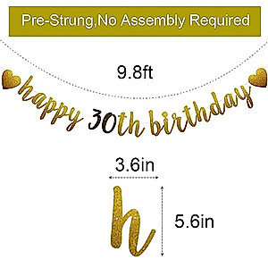 Happy 30th Birthday Banner, Pre-Strung,Gold and Black Glitter Paper Garlands Banner for 30th Birthday Party Decorations Supplies, Letters Gold and Black,Betteryanzi