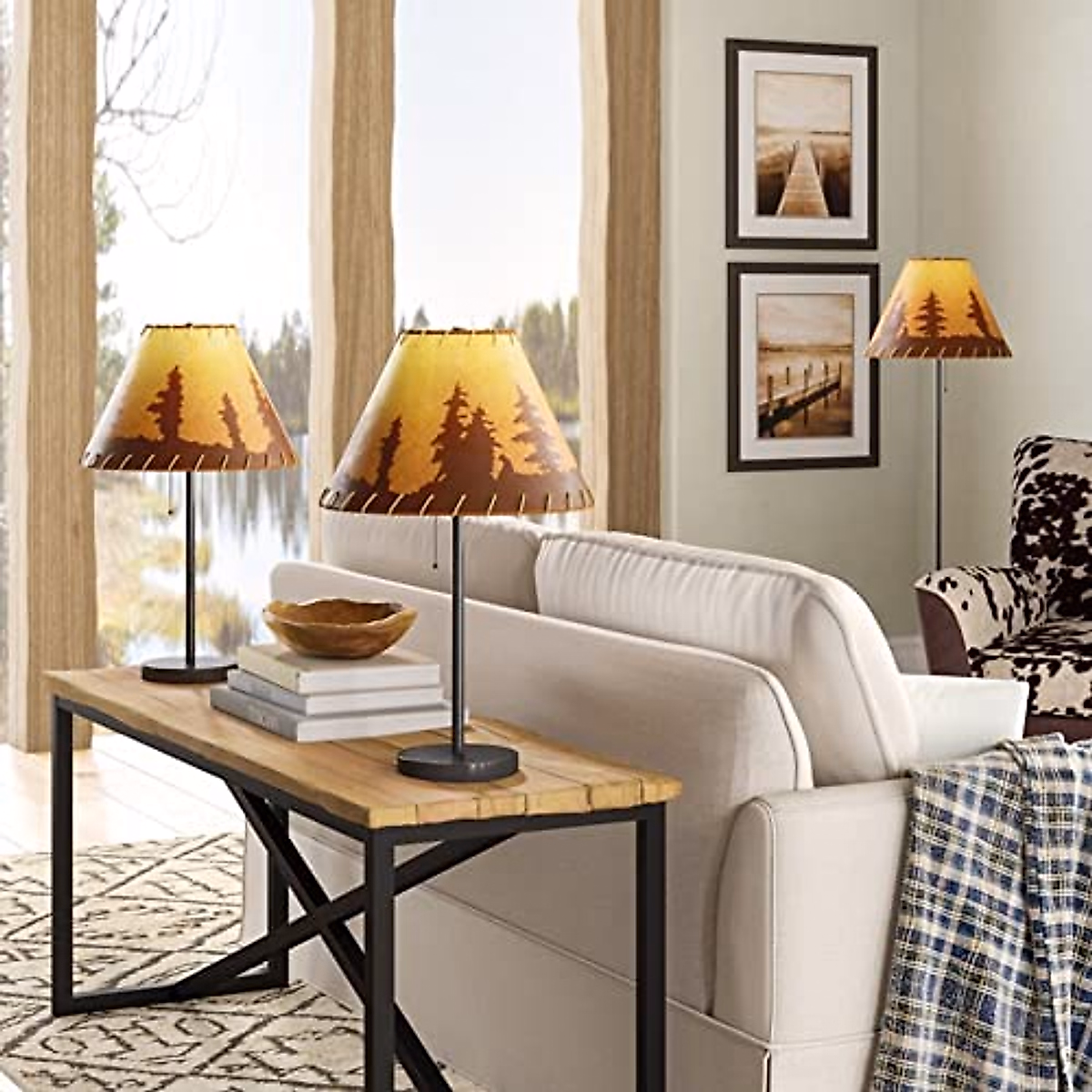Catalina Lighting 58" Rustic Cabin Lodge 3-Piece Table & Floor Lamp Set with Pull Chain, Forest Print