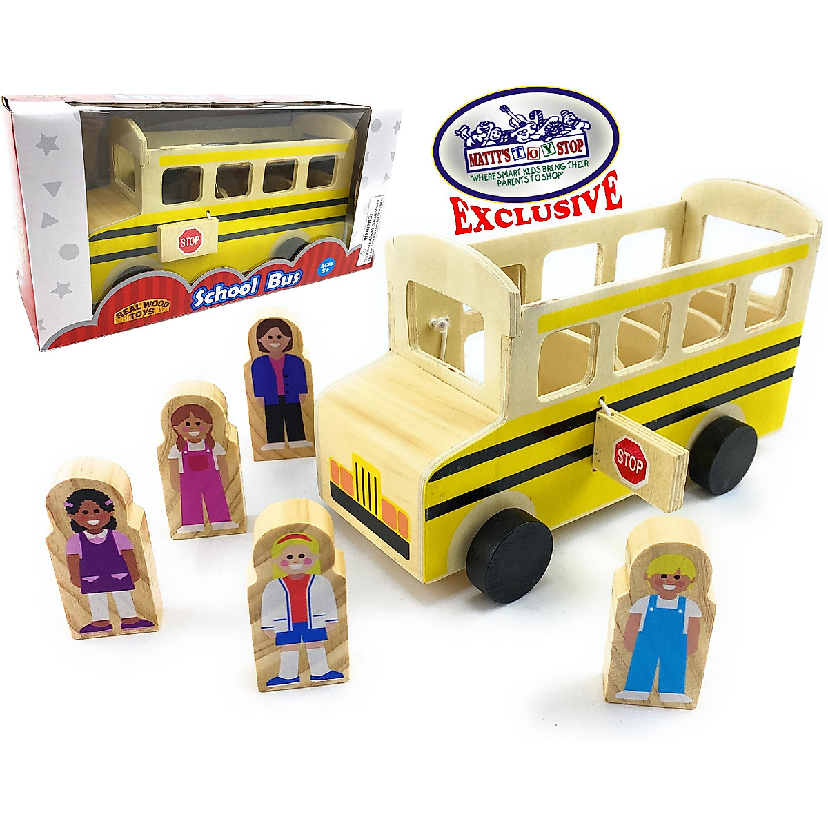 Matty's Toy Stop Deluxe Wooden Vehicle Set Featuring a School Bus (with 5 Play Figures), Fire Engine (Fire Truck) and Garbage Truck Gift Set Bundle - 3 Pack