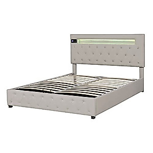 Queen Size Upholstered Platform Bed with Gas Lift up Storage,Adjustable Headboard Featured w/Bluetooth Audio, LED Light and USB Charging,Hydraulic Storage Platform Bed for Kids Teens Adults