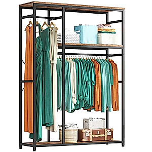 REIBII Free Standing Closet Organizer Clothes Rack with Storage Shelves Clothing Racks for Hanging Clothes Wooden Heavy Duty Garment Rack Metal Portable Closet for Hanging Clothes 72" H