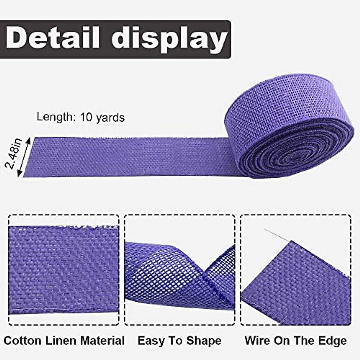 Purple Wired Burlap Ribbons 2.5" 10 Yards, Spring Solid Wired Edge Decoration Wired Ribbon Fabric Craft Ribbon Burlap Wrapping Ribbon for Holiday Wrapping DIY Craft Party Decoration Wreath Bow