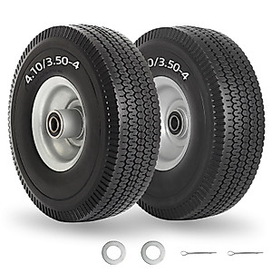 GICOOL 4.10/3.50-4" Flat Free Tire and Wheel, 10" Solid Tire with 5/8" Axle Bore Hole, 2.2" Offset Hub for Hand Truck Garden Wagon Cart Trolley Dolly Lawn Mover Replacement Tire