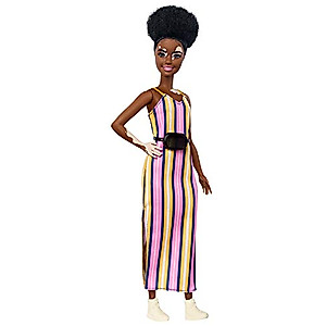 Barbie Fashionistas Doll with Vitiligo and Curly Brunette Hair Wearing Striped Dress and Accessories, for 3 to 8 Year Olds​