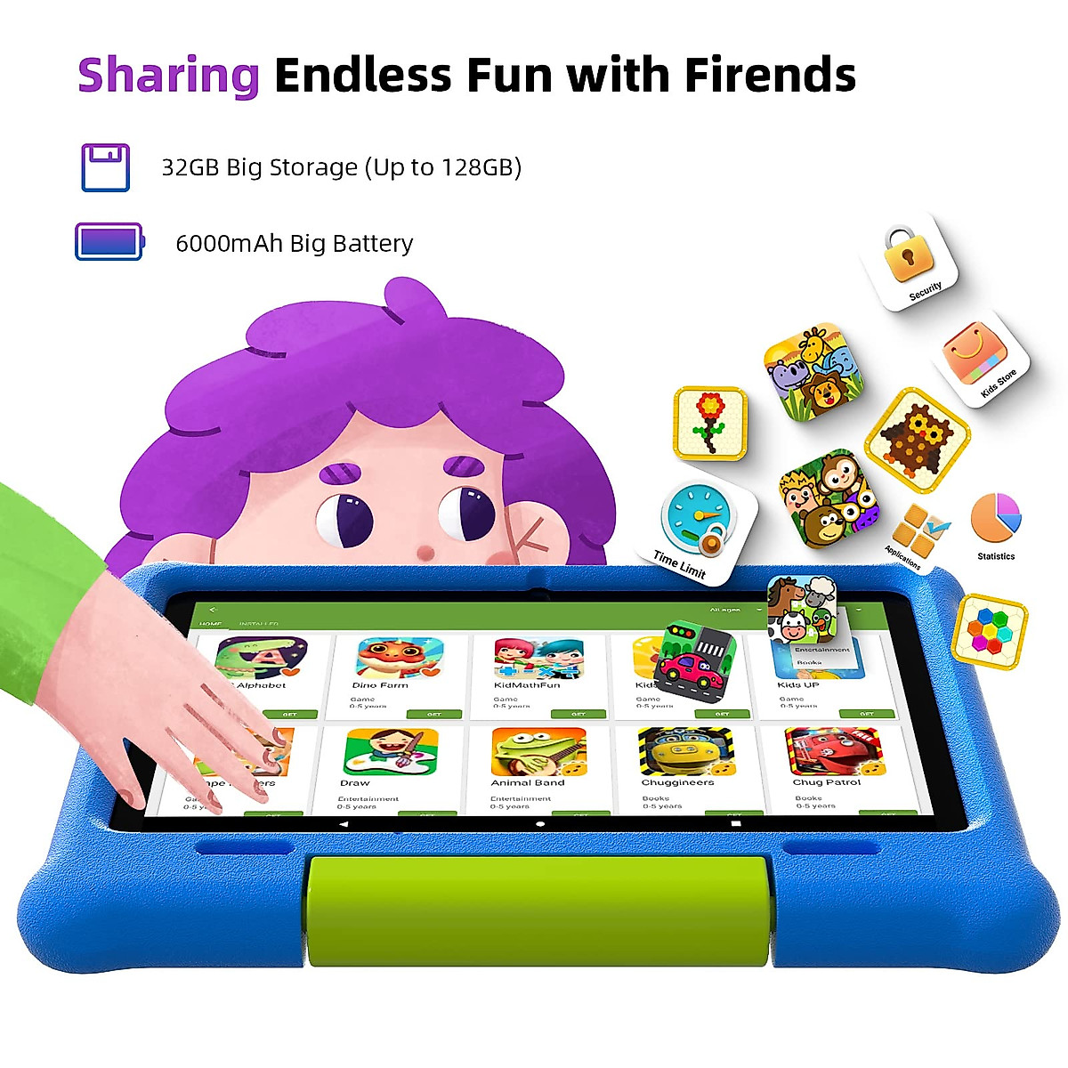 G-TiDE Kids Tablet, 10.1 inch Android 11 Tablet for Kids, 32GB ROM, Quad-Core, HD Dual Camera, WiFi Bluetooth, Parental Control, Kids App Klap with Kid-Proof Case and Screen Protector, Blue