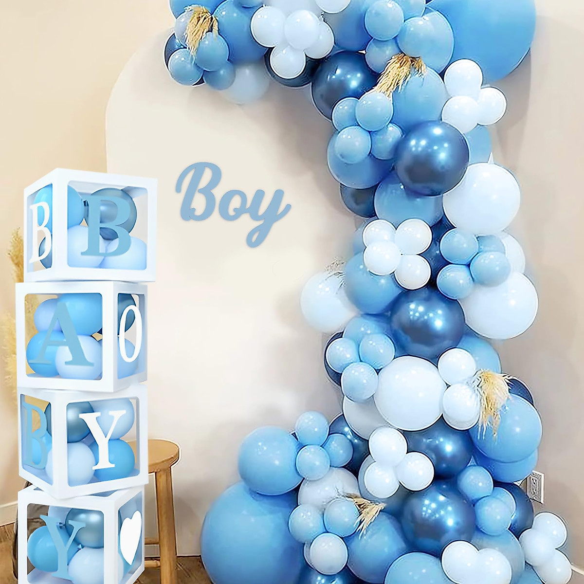 DataMoon Baby Shower Decorations for Boy - Navy Blue Baby Blue Different Sizes Light Blue Balloon Arch Kit,4pcs Boxes with Letters for Baby Boy Shower,Happy Birthday Decorations,Gender Reveal Party