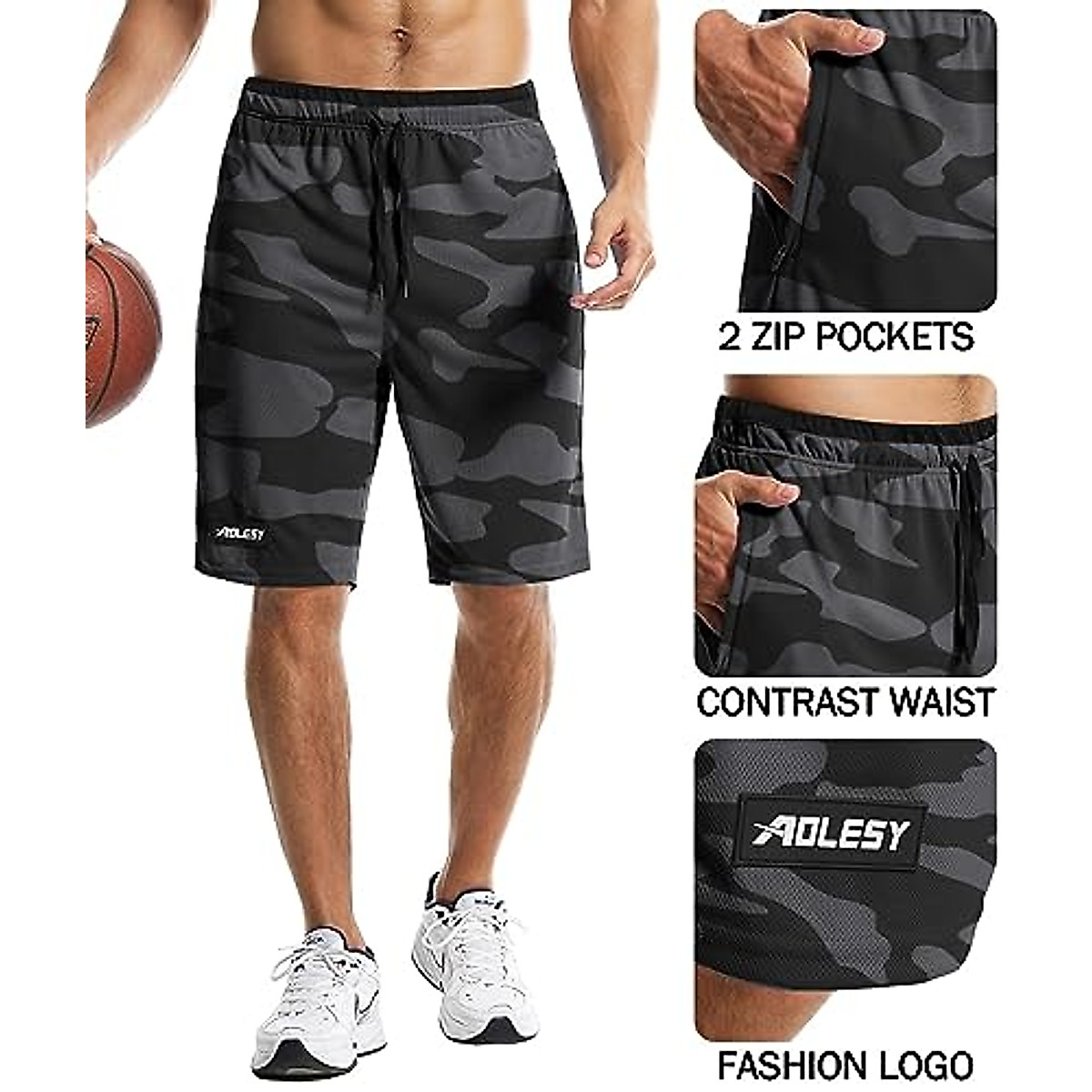 Aolesy Men's Basketball Zipper Pockets 10 inch Athletic Lightweight Mesh Gym Workout Running Shorts, Camoblack, Large