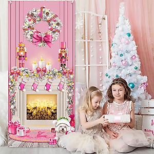 Buryeah Christmas Door Cover Decoration Christmas Fireplace Door Cover Xmas Nutcracker Banner Backdrop Photo Booth Prop Background for Holiday New Year Door Party Supplies 6.5 x 3 Feet (Pink Style)