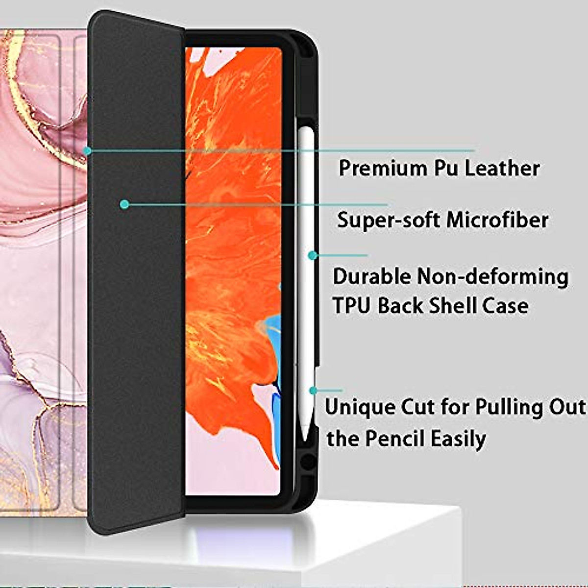 MAITTAO 2 in 1 iPad Pro 12.9 Case 2020 Release (4th Gen) Soft TPU Back Cover with Tablet Sleeve, Support Apple Pencil Holder & Wireless Charging & Auto Wake/Sleep for 2020 iPad Pro 12.9,Marble 17
