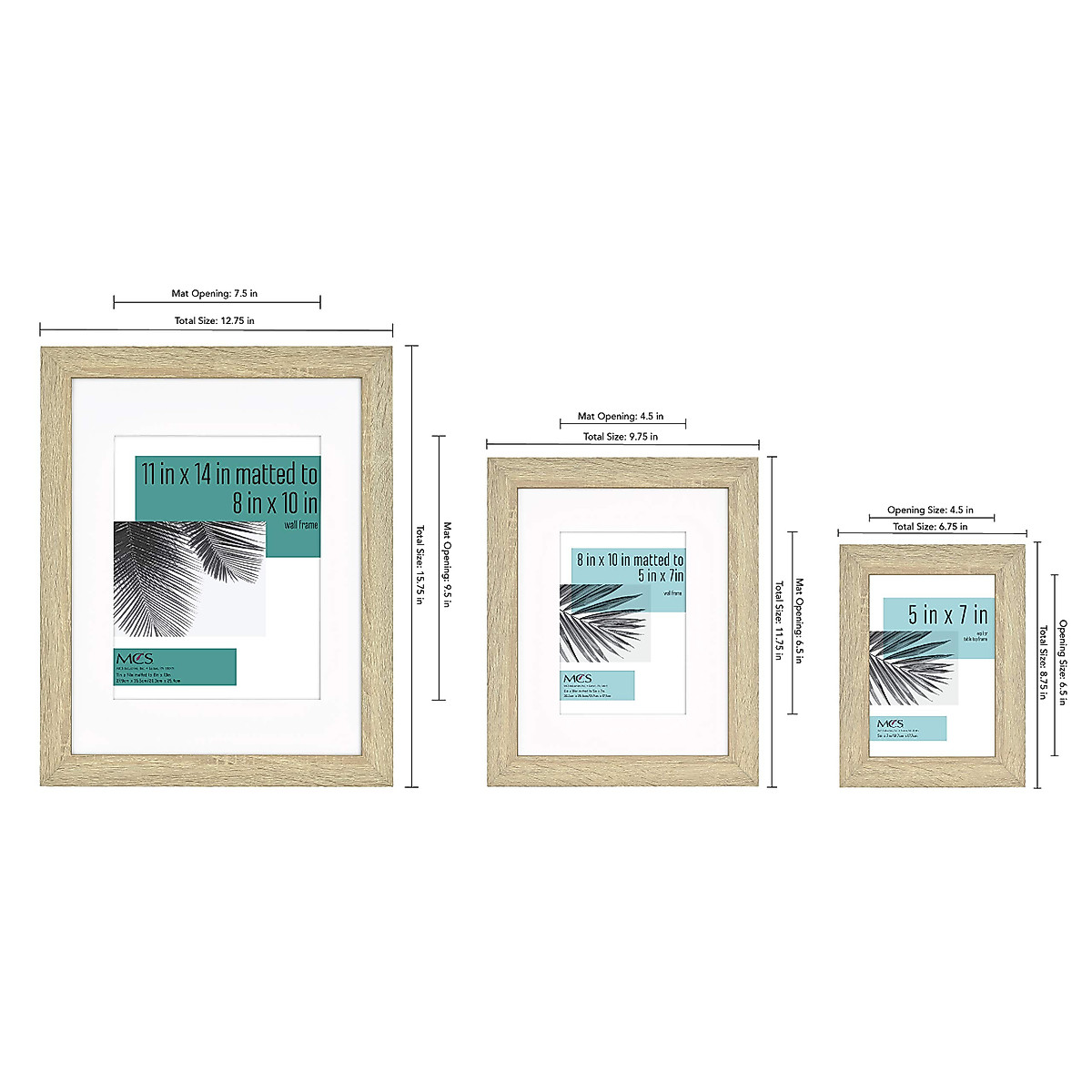 MCS Studio Gallery Set-of-7 Gallery Wall Picture Frames in Natural Woodgrain, 11x14, 8x10 & 5x7, Rectangle Photo Frames for Photos, Posters & Art Prints (7-Pack)