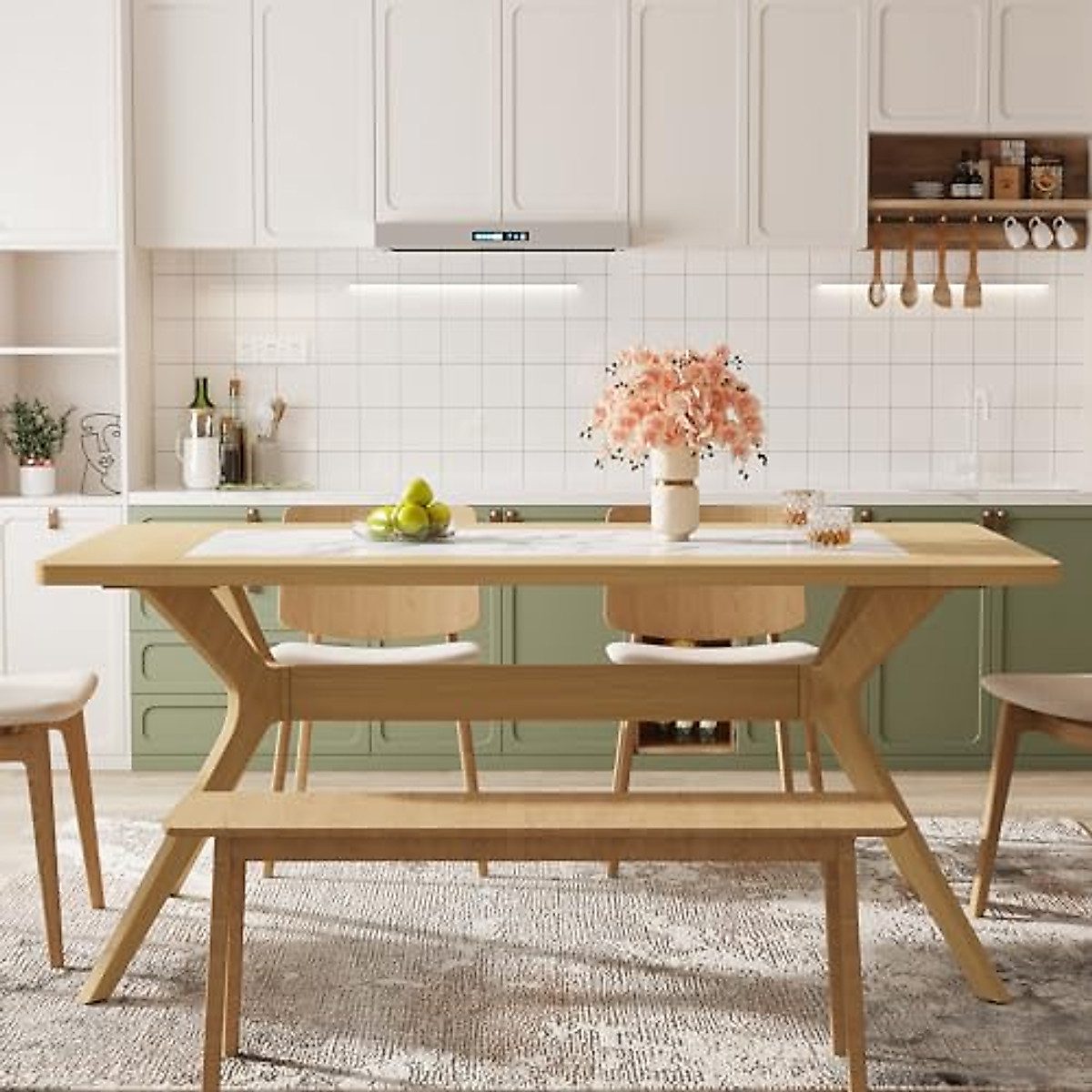 Tribesigns 63-inch Dining Table for 6, Modern Rectangular Dinner Table, Large Kitchen Table with X-Shaped Solid Wood Legs and Faux Marble Tabletop, for Dining Room, Kitchen (Oak and White Marble)