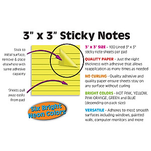 Better Office Products Lined Sticky Notes 3 x 3, 10 Pack, 1,000 Sheets (100/Pad), Self Stick Notes with Lines, Bright Assorted Colors, Post Memos, Strong Adhesive, 10 Pads