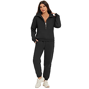 COZYPOIN Women Fleece 2 Piece Outfit Half Zip Sweatshirt and Joggers Sweatpants Y2K Set Tracksuit(Black-M)
