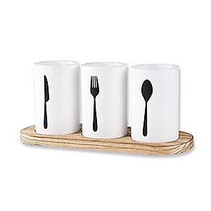 Silverware Organiser - Set of 3 (with wooden tray) Tabletop wooden silverware holder utensil holder for forks spoons knives party kitchen holder silverwareliving room Restaurant(white white white)