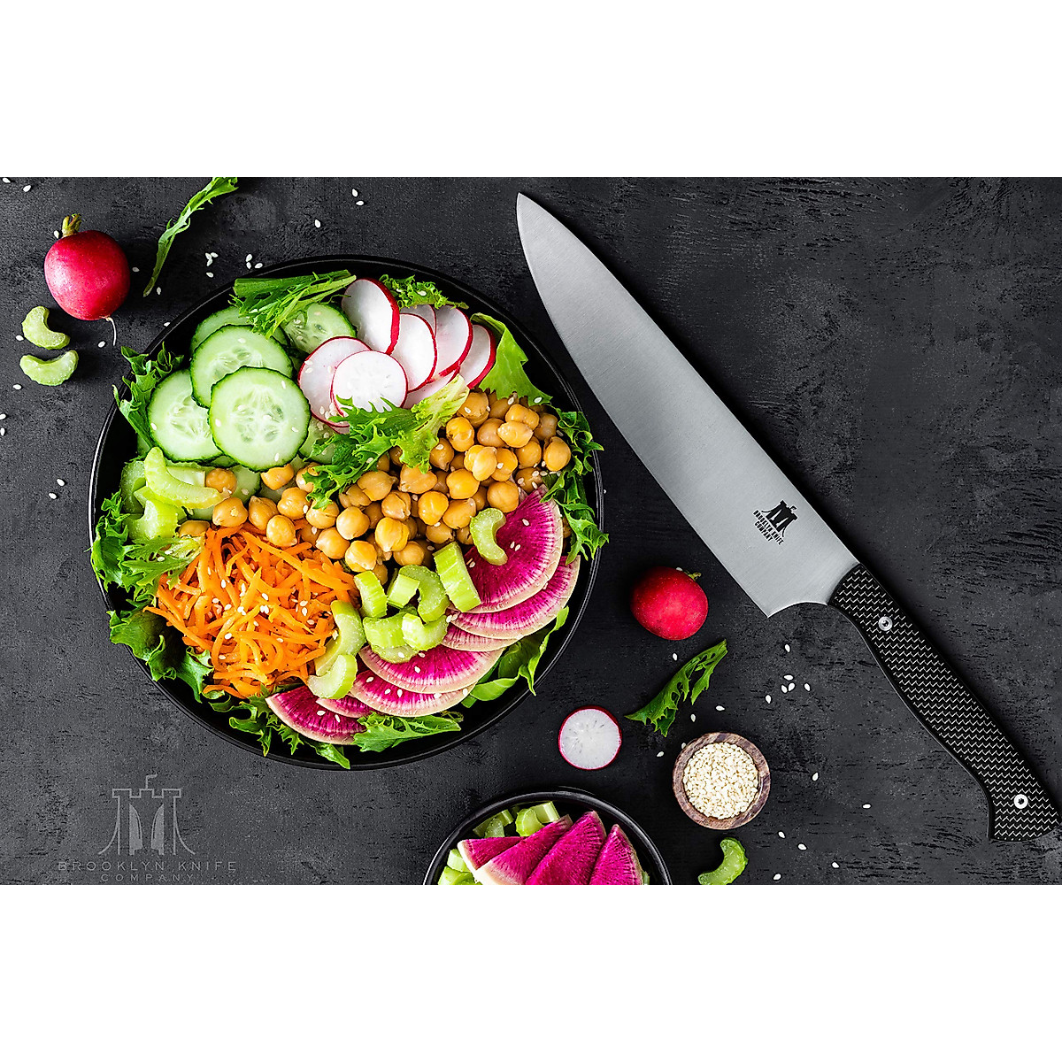 Brooklyn Knife Co. Chef Knife - Carbon Fiber Series - Japanese AUS-08 HC Super Steel - Sheath, 8-Inch