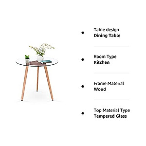 Ivinta Round Glass Dining Table, Modern Leisure Table with Wood Legs for Kitchen Dining Room Living Room, Accent Table Small Tea Table for 2, Space Saving, 31.5 inch